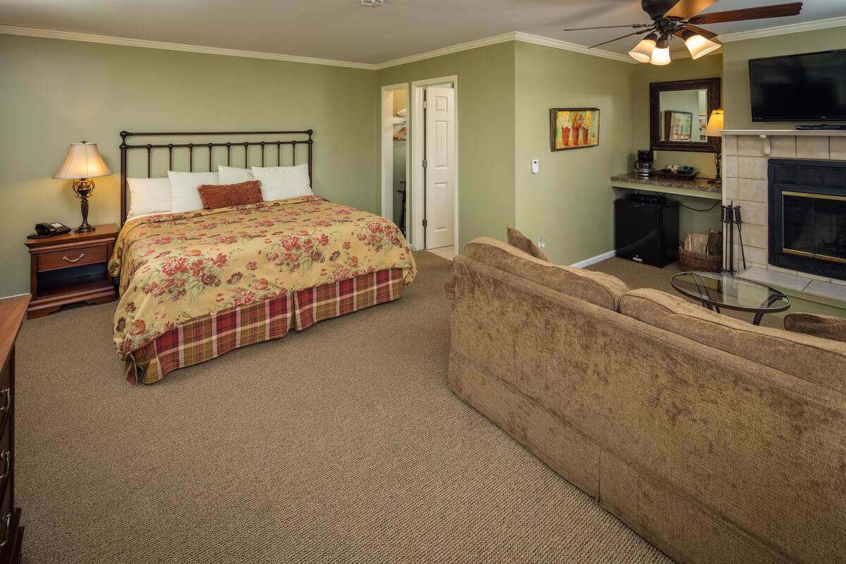 Quarto com cama, mesa de cabeceira, abajur, sofá, lareira e televisão.