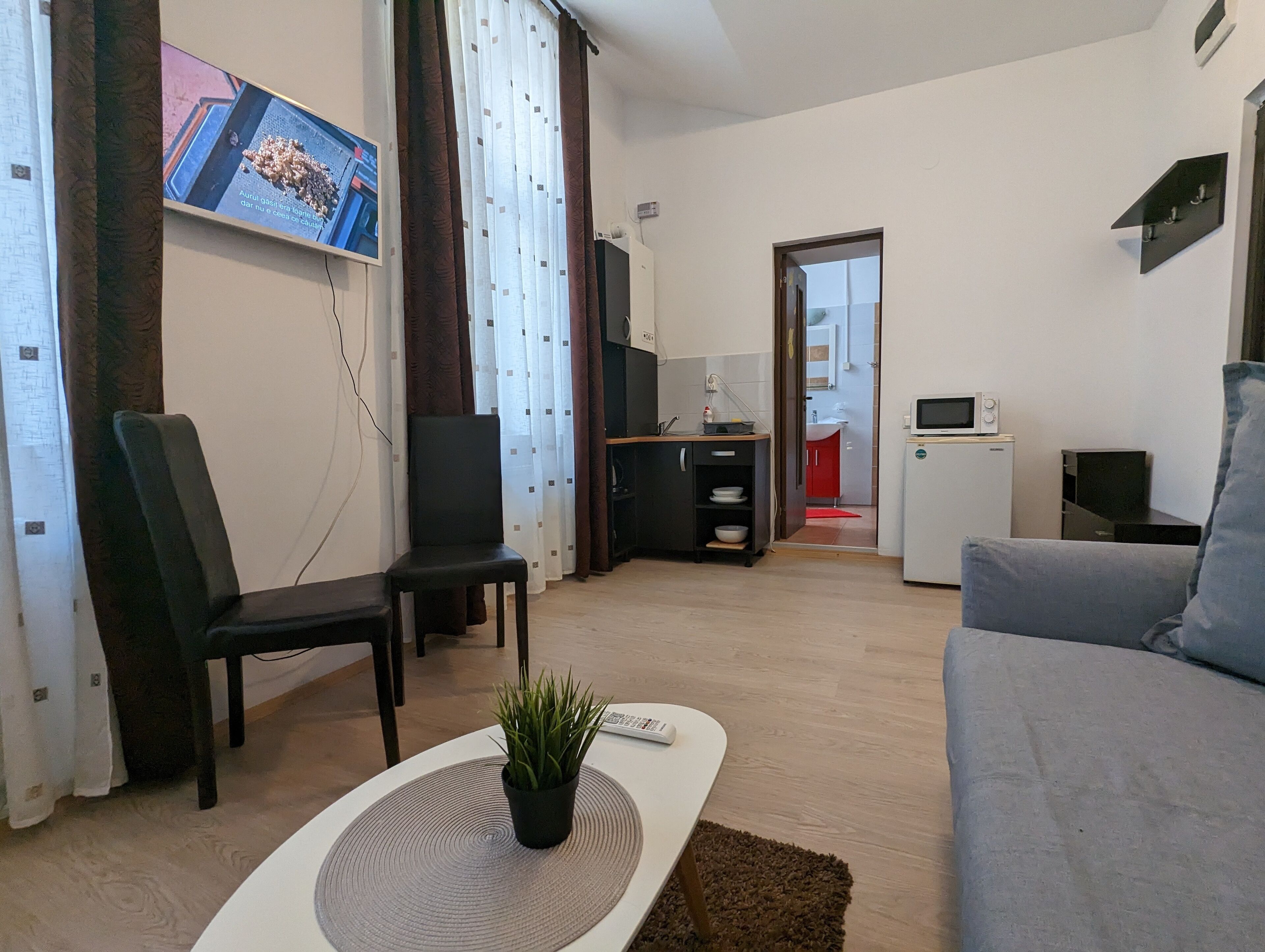 Uma sala de estar moderna com um sofá cinzento, uma poltrona preta, uma pequena mesa com uma planta, uma TV fixada na parede e uma área de cozinha visível através de uma porta aberta.