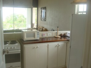 Cozinha com armários brancos, fogão, micro-ondas e janela com vista para o verde.