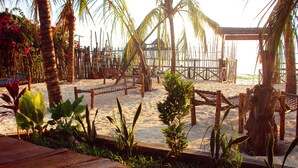 Cenário de praia com estruturas de madeira, palmeiras e um deck de madeira.