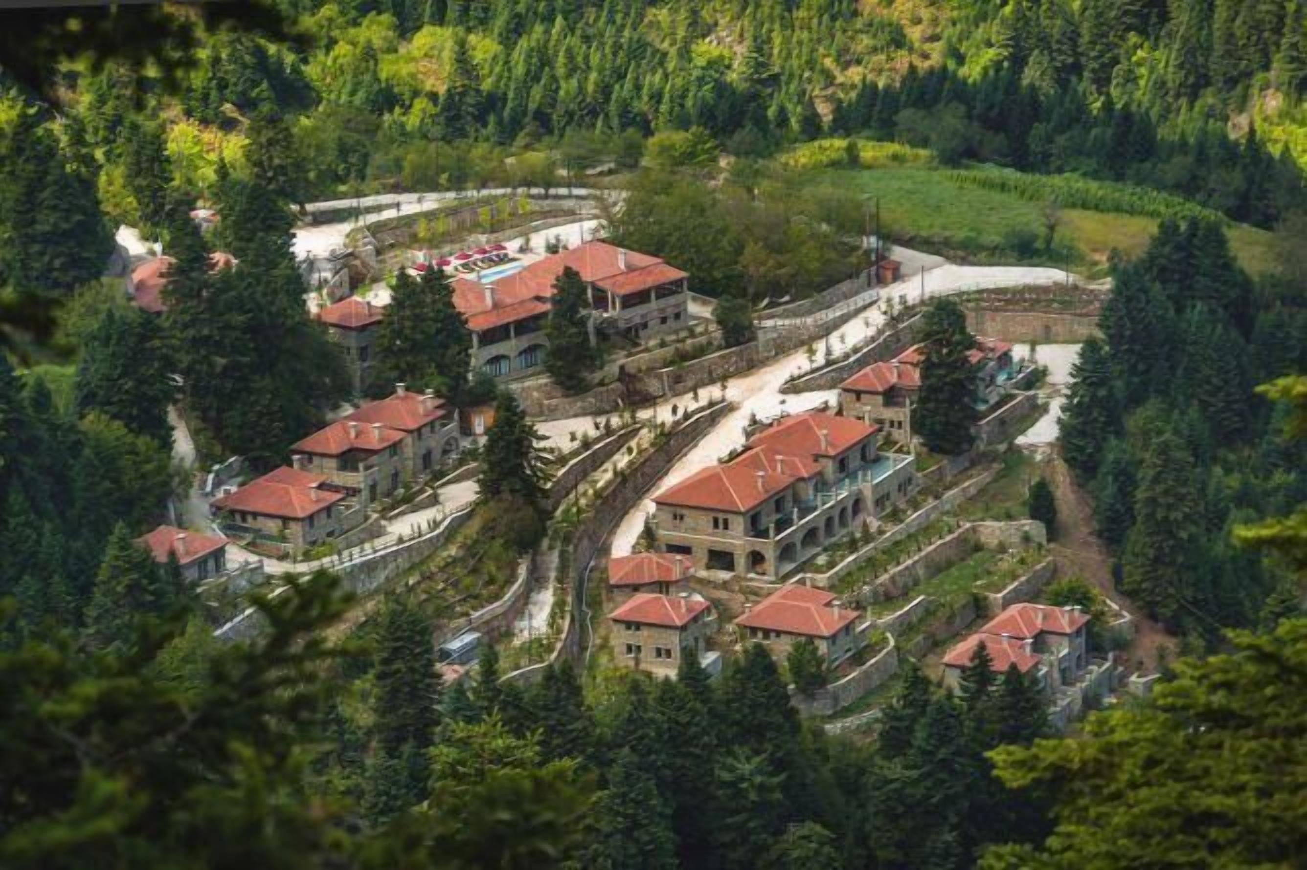 Um conjunto de edifícios com telhados vermelhos, rodeado por uma floresta densa.