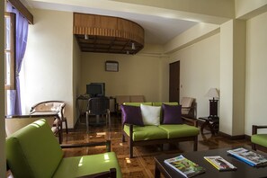 Uma sala de estar com um sofá verde, teto de madeira, televisão e uma luminária.