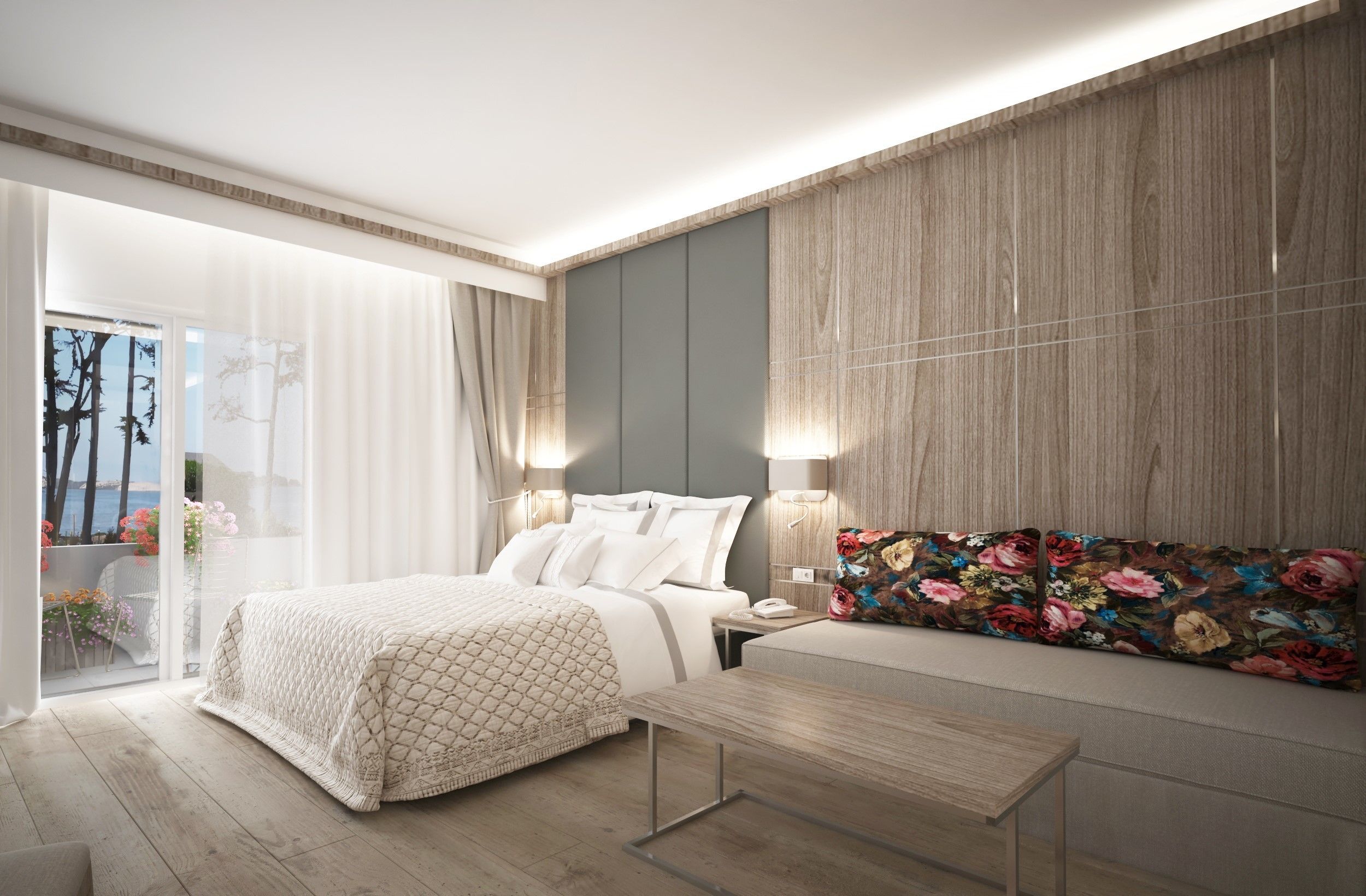 Quarto moderno com cama, mesas de cabeceira e uma janela grande com cortinas.
