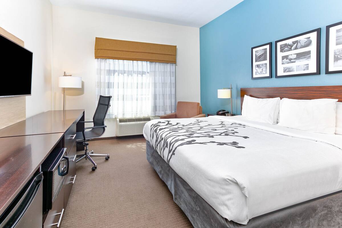 Quarto de hotel com cama, escrivaninha, cadeira, televisão e janela com cortinas.