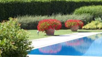 Piscina cercada por sebes bem aparadas e vasos com flores vermelhas.