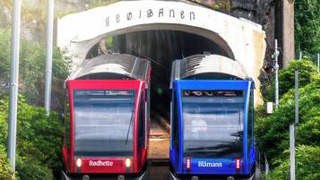 Dois trens entrando em um túnel, com uma placa acima.