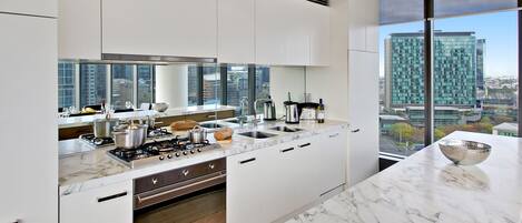 Apartamento Premier, 2 quartos, varanda | Cozinha privada | Um frigorífico/congelador grande, um micro-ondas, um forno