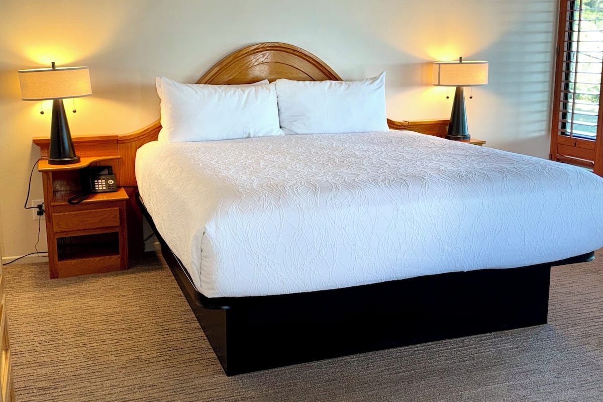 Cama bem arrumada com cabeceira de madeira, duas mesas de cabeceira com luminárias e piso coberto por carpete.