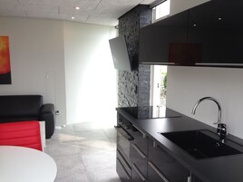 Uma cozinha moderna com bancada preta, pia de aço inoxidável e backsplash de pedra.