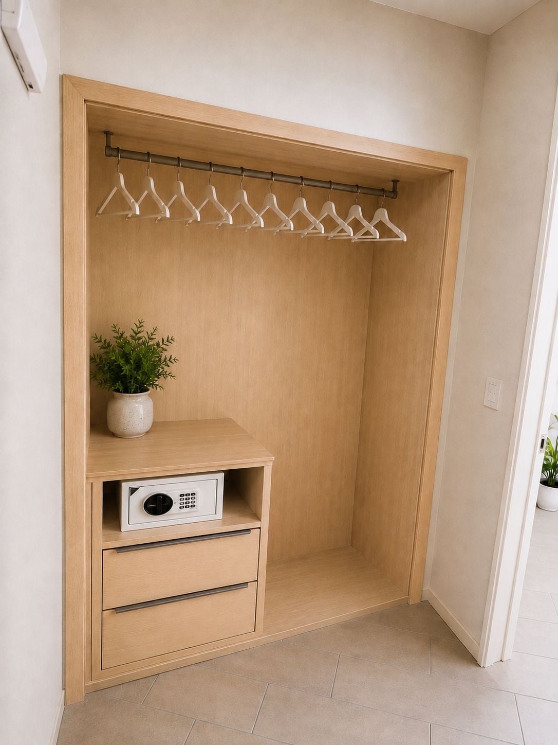 Um closet espaçoso com porta de madeira, barra para pendurar roupas, planta em vaso e eletrodoméstico embutido.