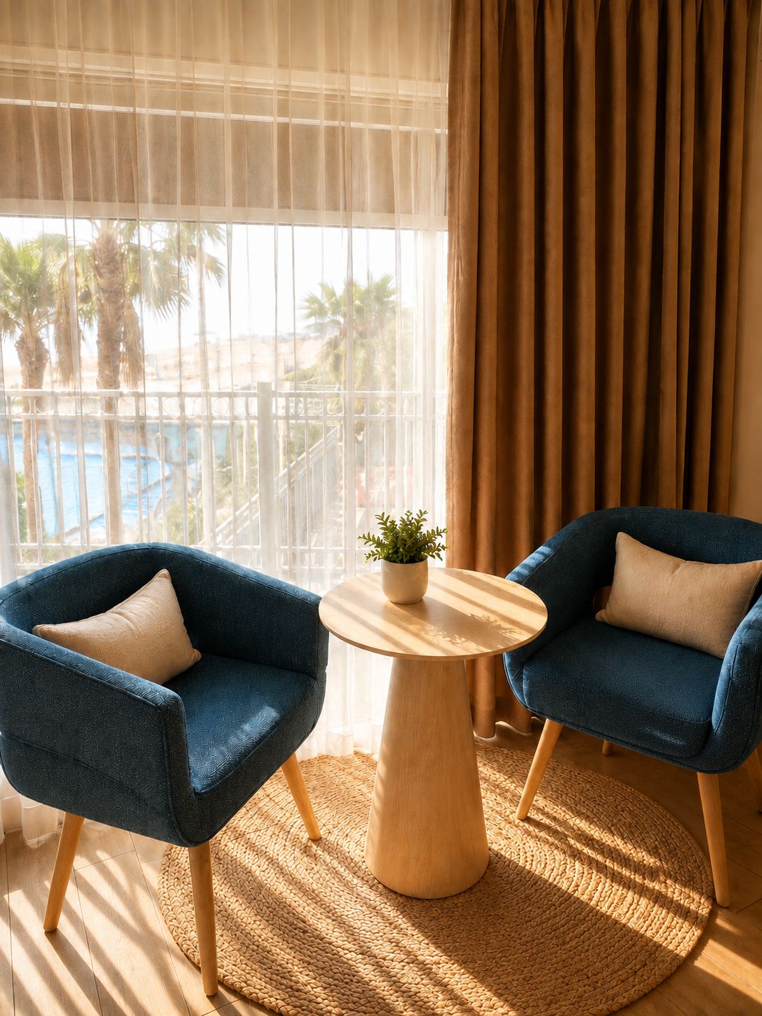 Quarto com duas poltronas azuis, uma mesa redonda de madeira com uma planta, e vista para uma piscina e palmeiras através de cortinas translúcidas.