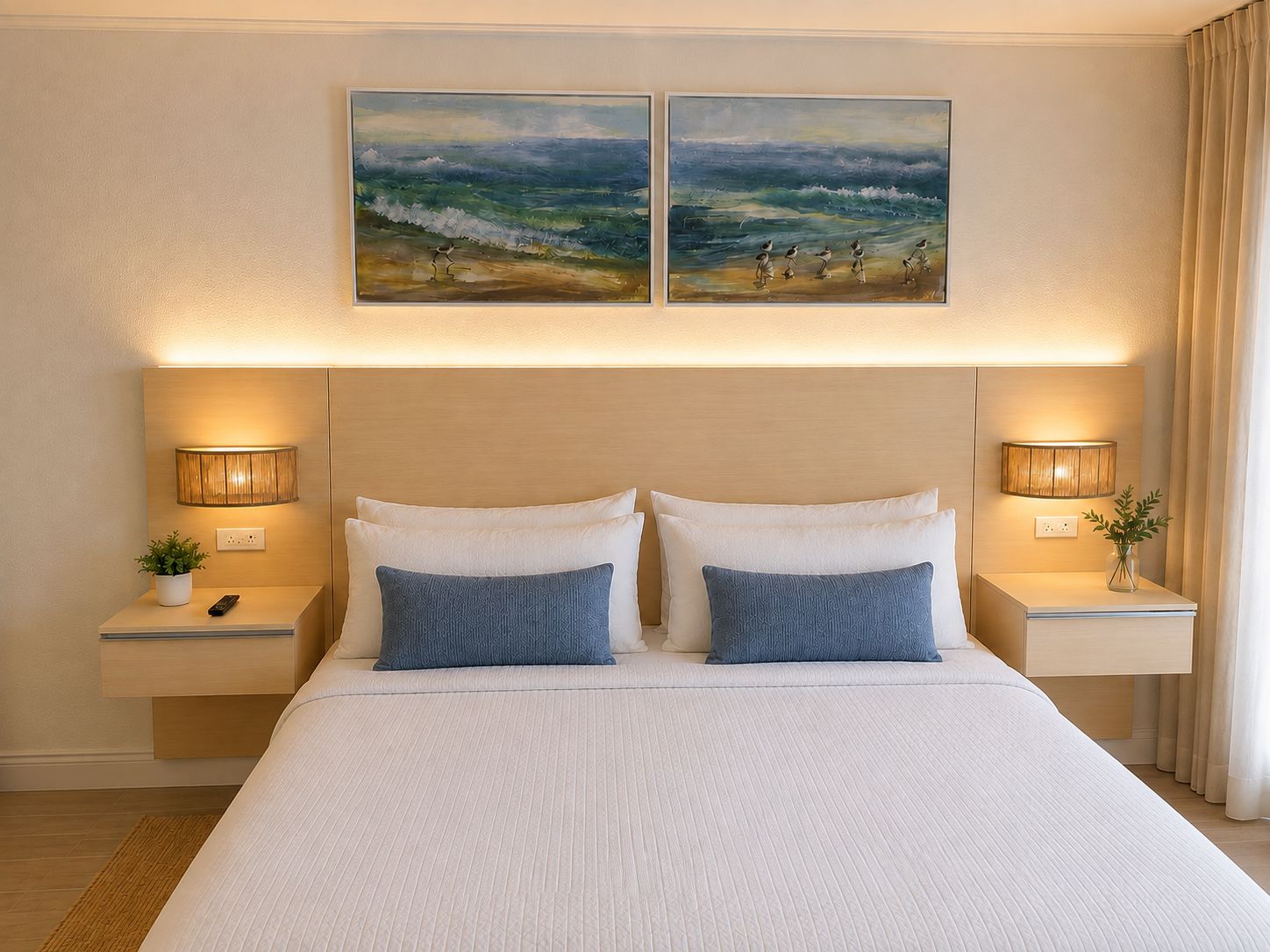 Quarto de hotel com uma cama grande, duas mesas de cabeceira, um criado-mudo, uma luminária na parede e um quadro sobre a cama.