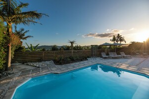 Piscina com deck de madeira, cercada por palmeiras e um muro de madeira.