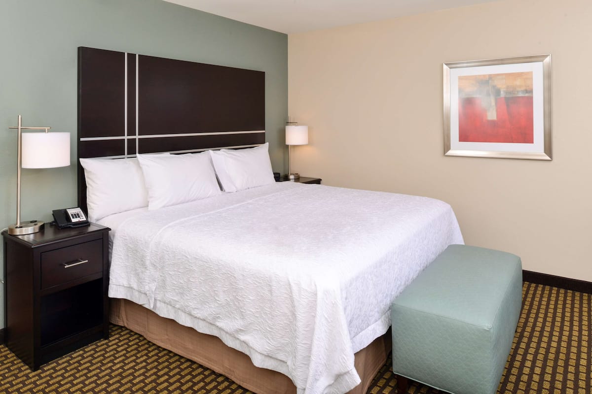Quarto de hotel com cama, mesas de cabeceira, luminária, quadro na parede e tapete estampado.