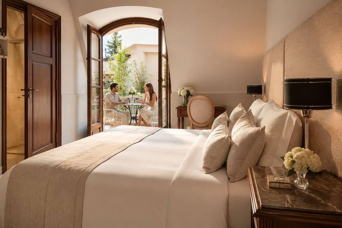 Quarto com uma cama grande, mesa de cabeceira com abajur e vista para um pátio externo.
