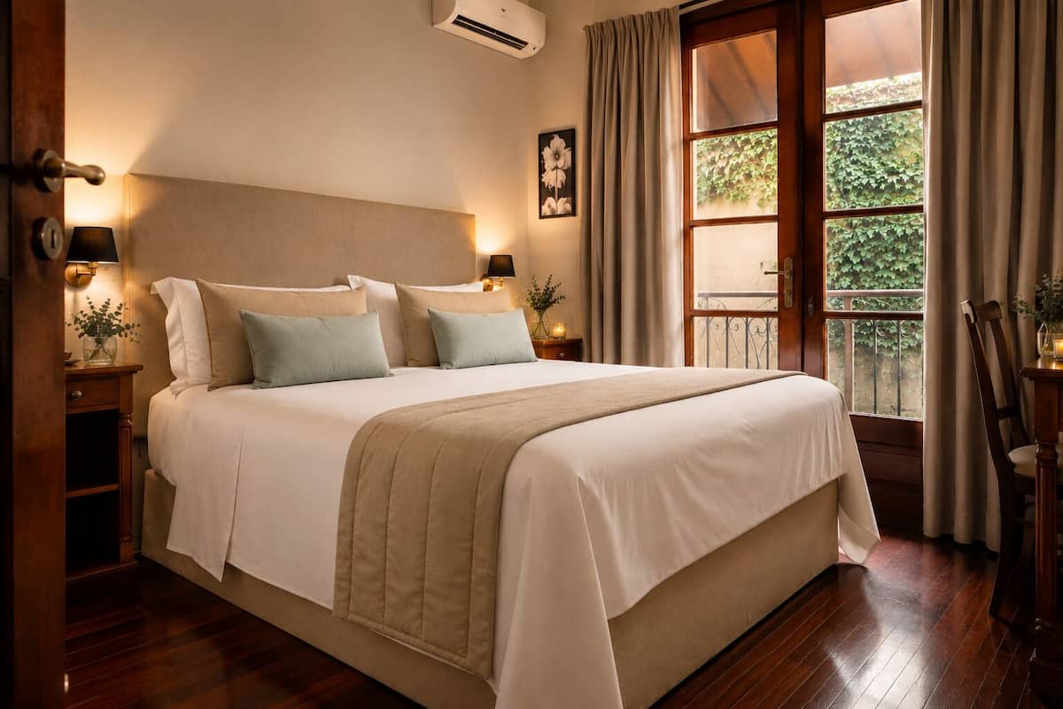 Quarto com cama grande, mesa de cabeceira com luminária, janela com cortinas e ar condicionado.