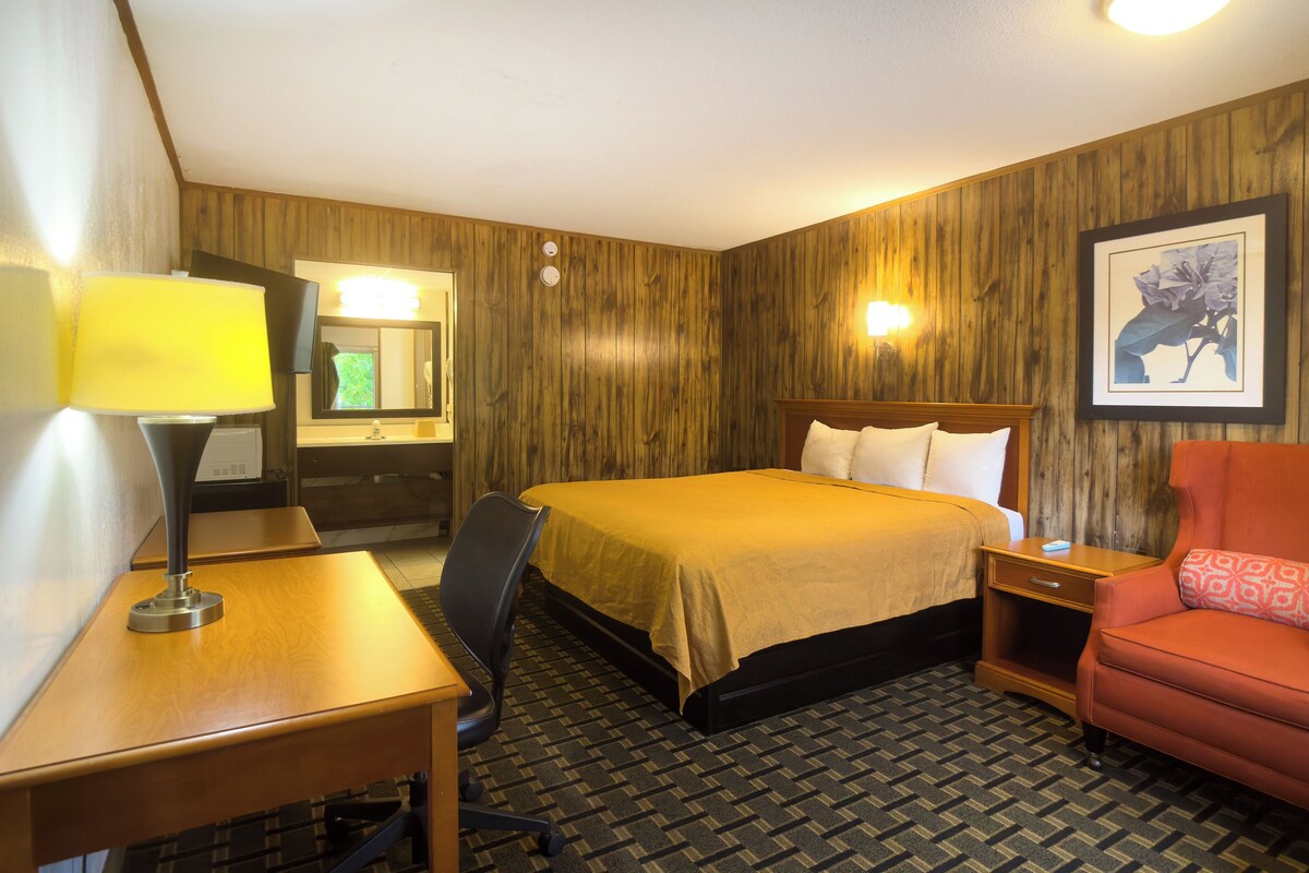 Quarto de hotel com painel de parede de madeira, cama com cabeceira, escrivaninha com luminária, cadeira e mesa de cabeceira com luminária.