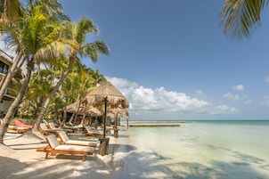 Uma praia privada, praia de areia branca, espreguiçadeiras 