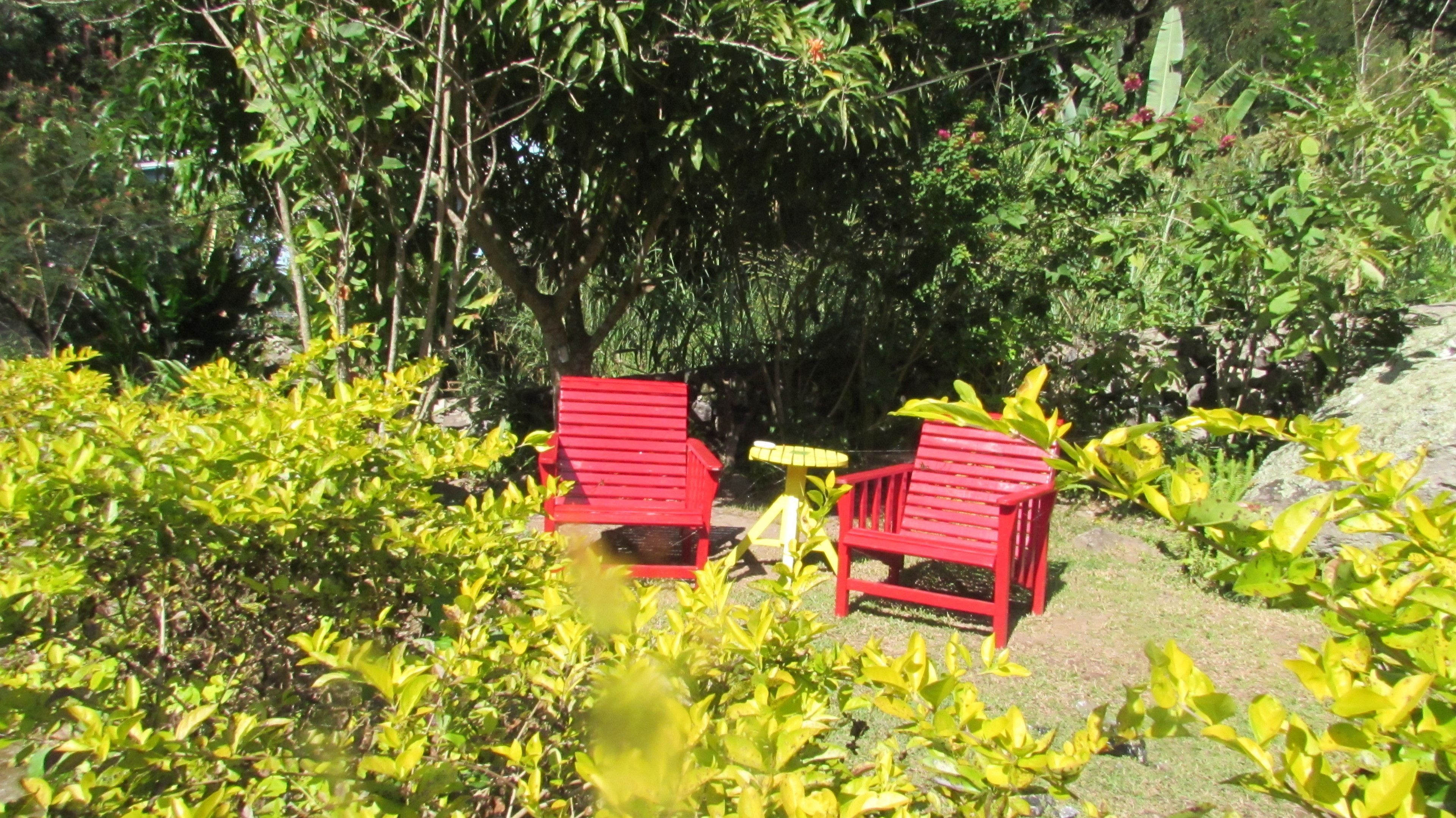 Um jardim com cadeiras vermelhas e uma mesa amarela.