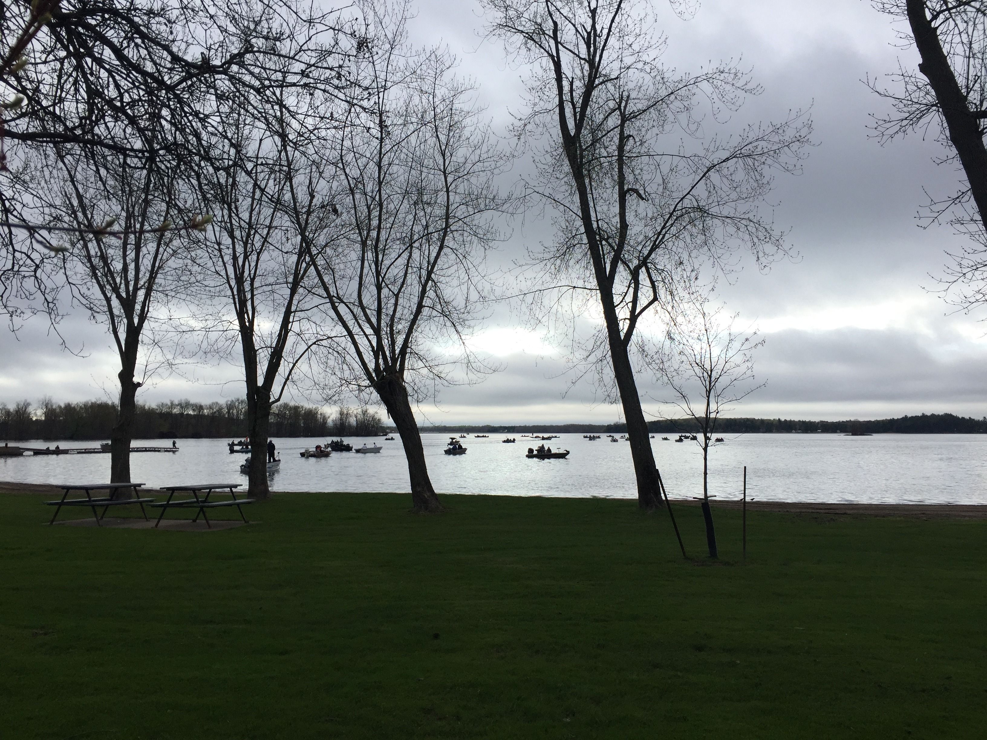 Um parque com mesas de piquenique e árvores sem folhas, com vista para um lago com vários barcos.