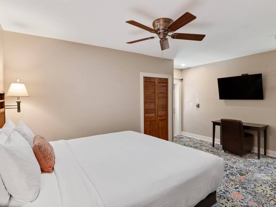 Quarto de hotel com cama, ventoinha no teto, televisão, escrivaninha e tapete estampado.