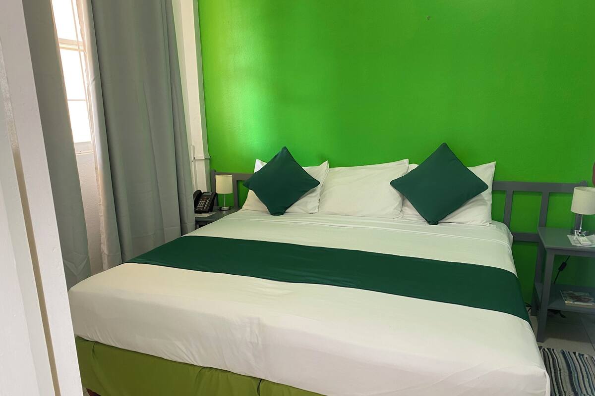 Uma cama bem arrumada com roupa de cama branca e verde, uma parede verde e uma pequena mesa de cabeceira com uma luminária.