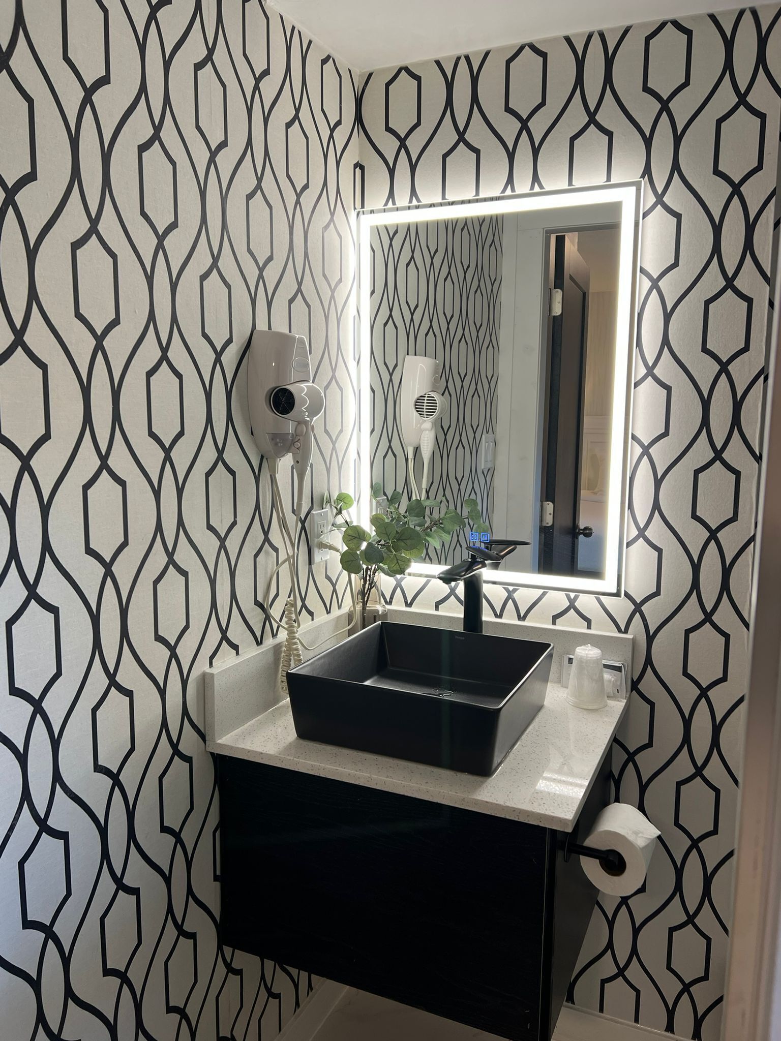 Um banheiro com parede estampada em preto e branco, um lavatório preto e um espelho acima.