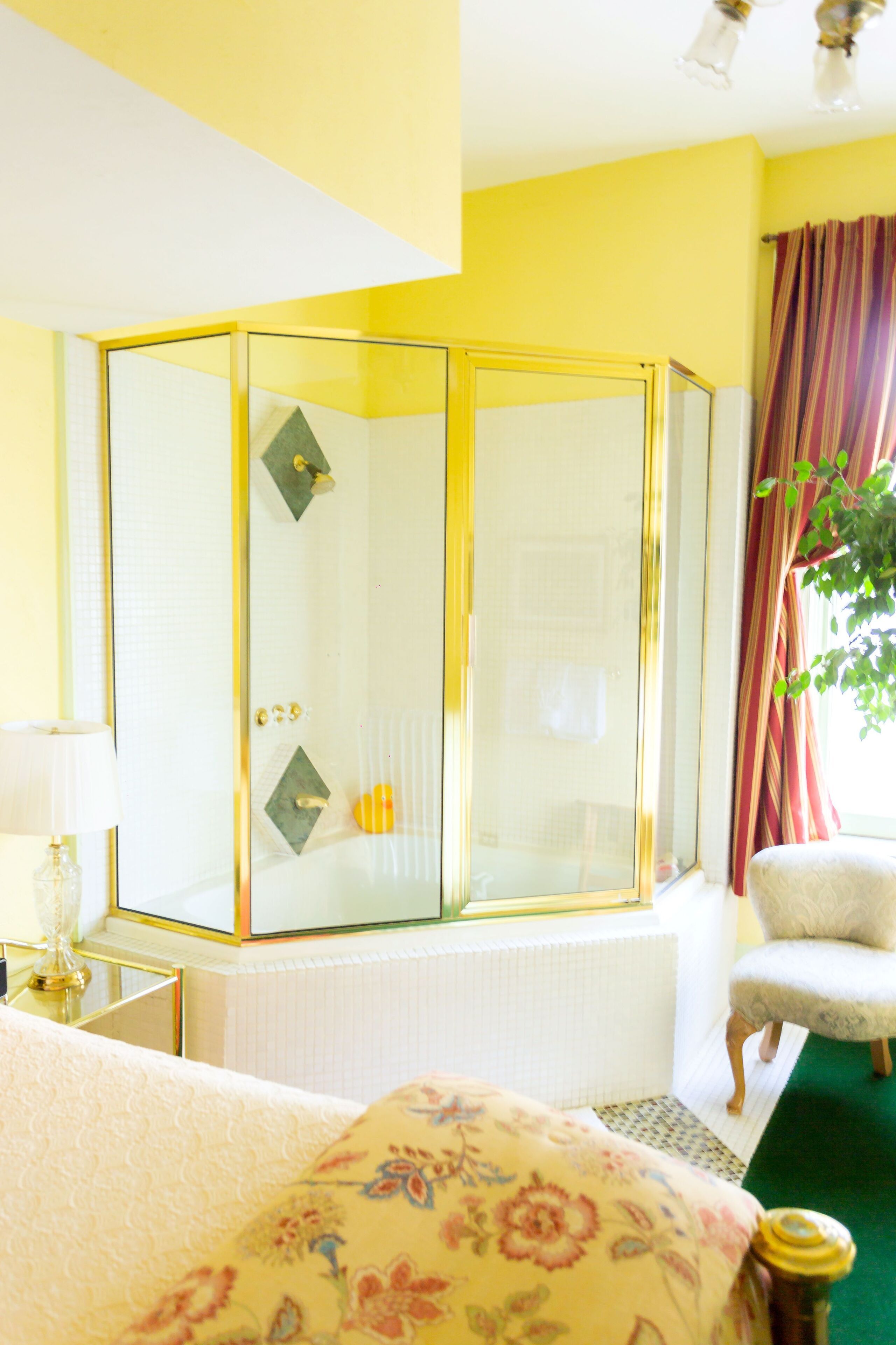 Quarto de hotel com uma cama, divisória de vidro, uma cadeira e uma planta.