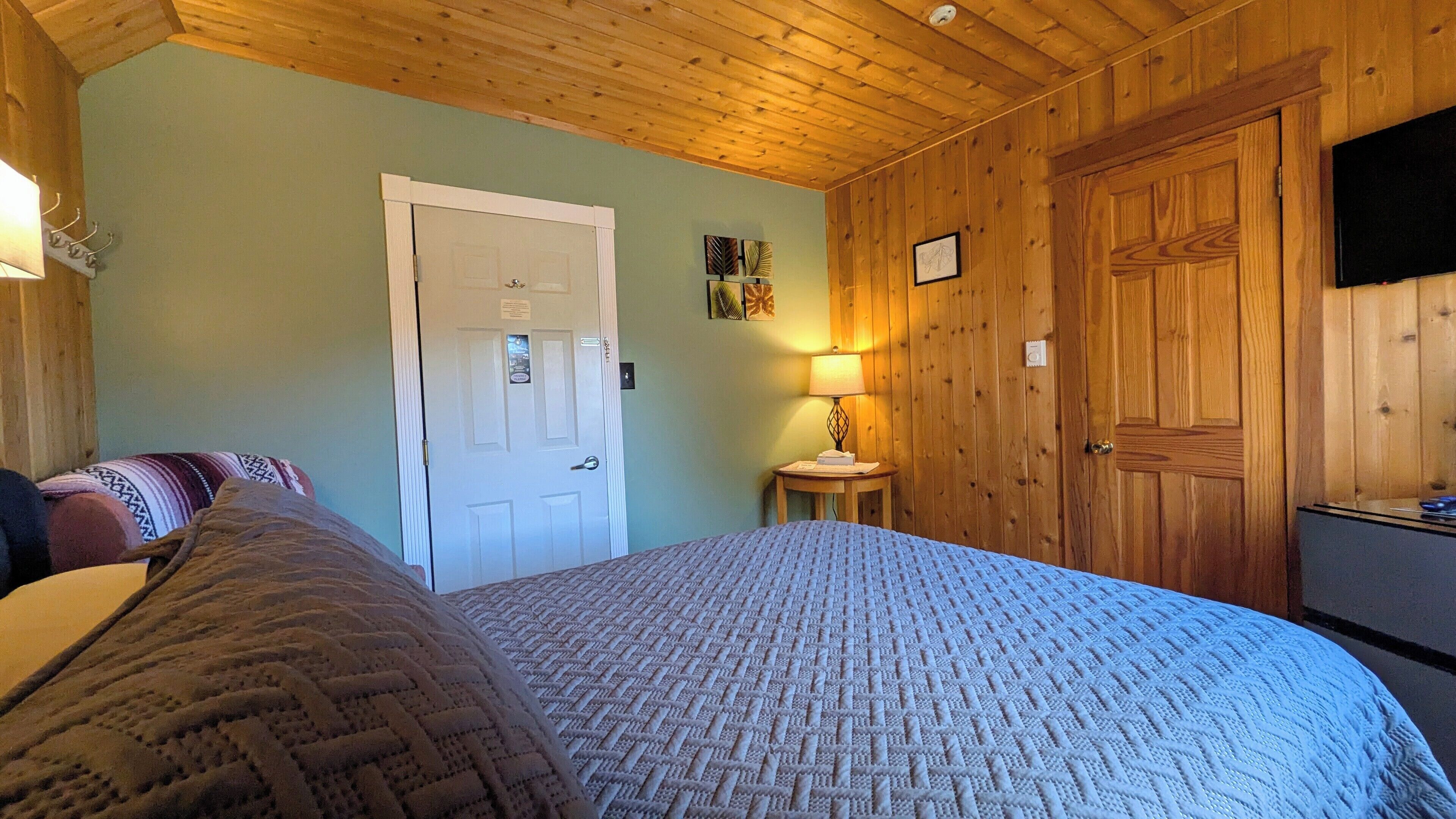 Quarto com uma cama, teto de madeira, porta, abajur e televisão.