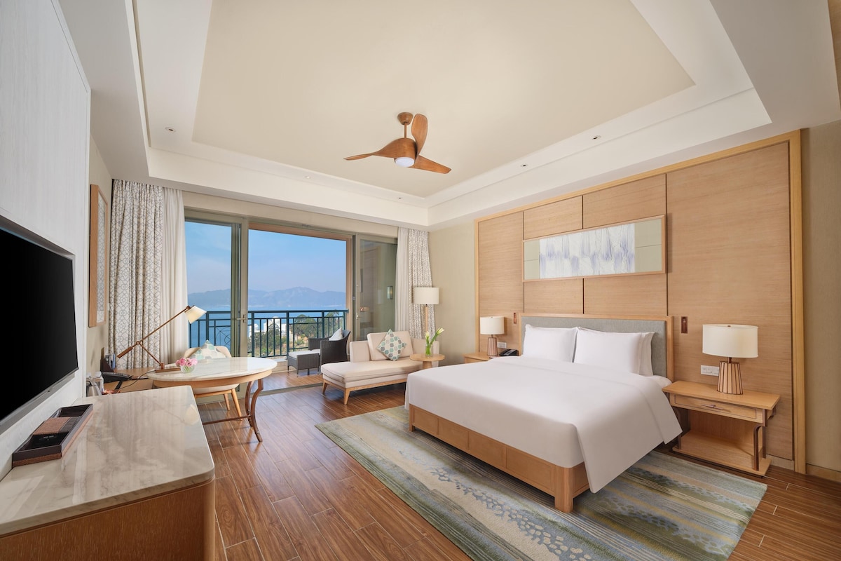 Quarto de hotel com uma cama grande, uma escrivaninha com computador, televisão, varanda com vista e ventoinha no teto.
