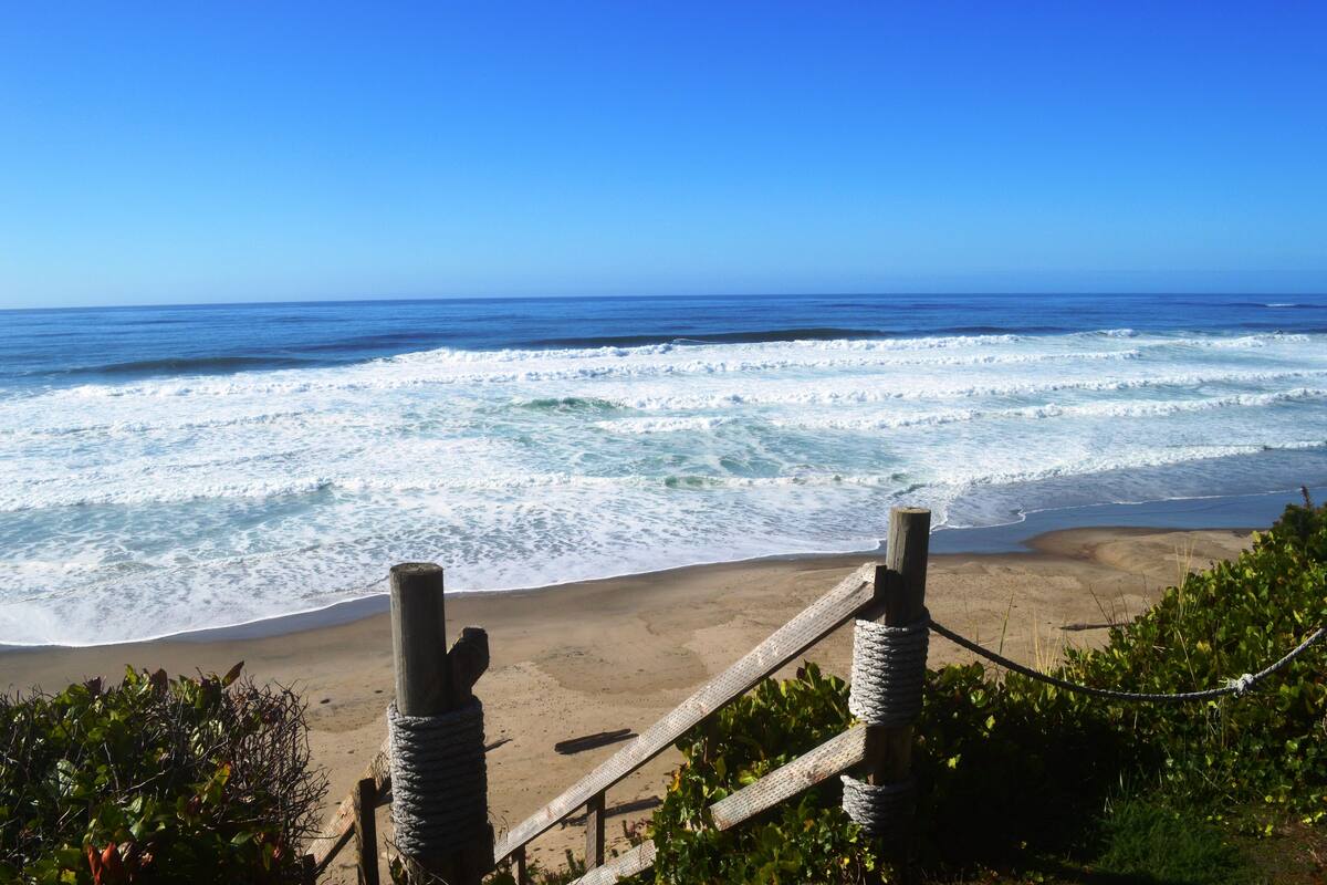 Uma praia com ondas, um cercado de madeira e vegetação.
