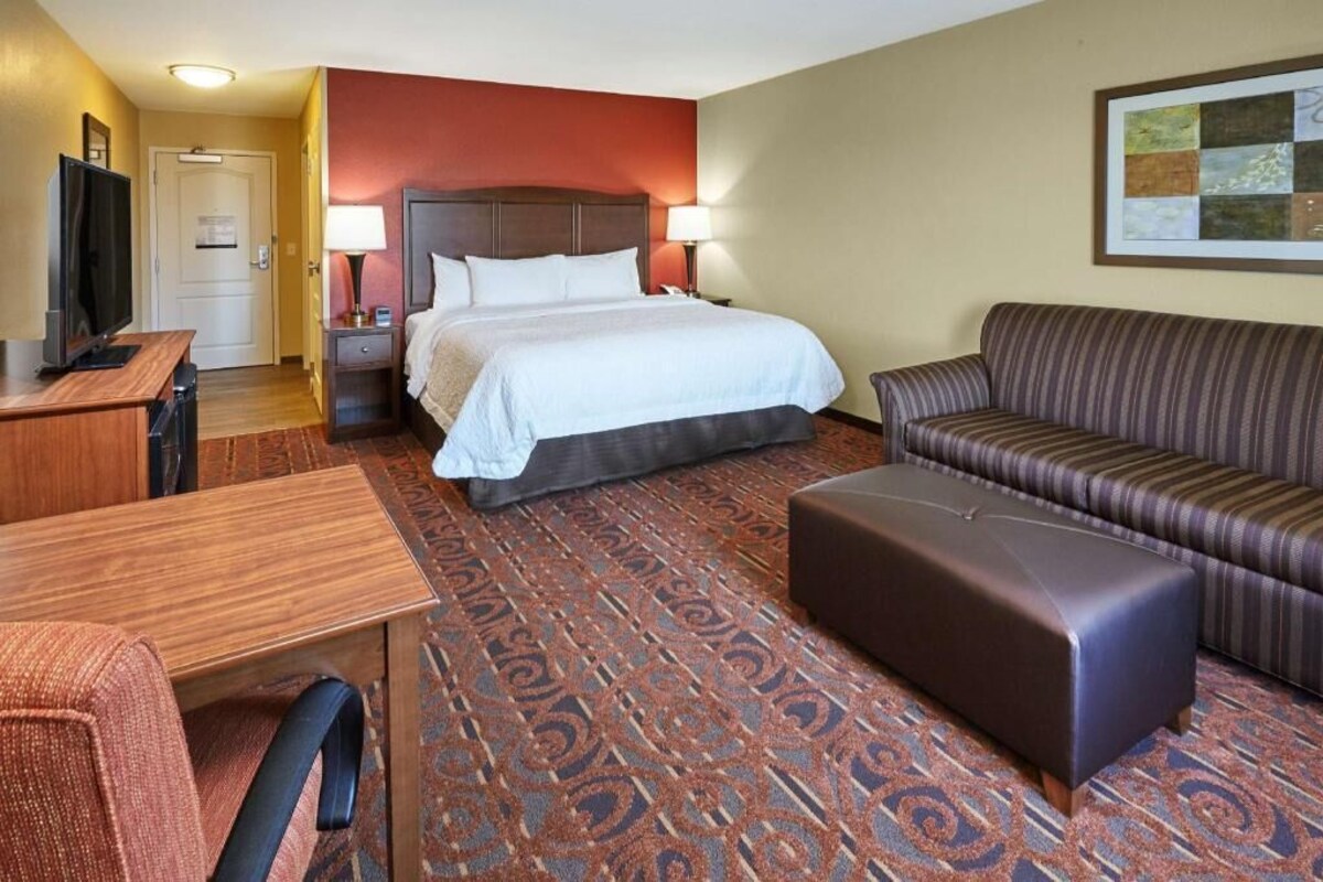 Quarto de hotel com cama, sofá, escrivaninha, televisão e tapete estampado.