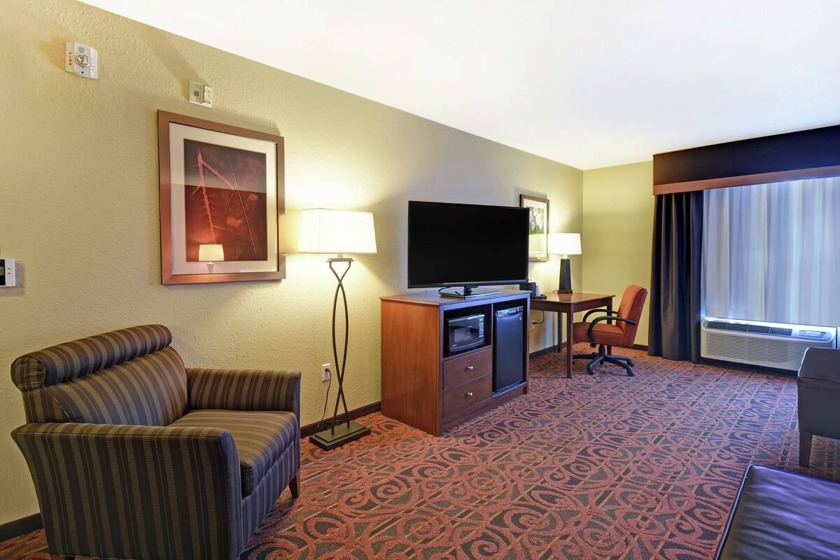 Quarto de hotel com sofá, televisão, escrivaninha com cadeira e carpete estampado.