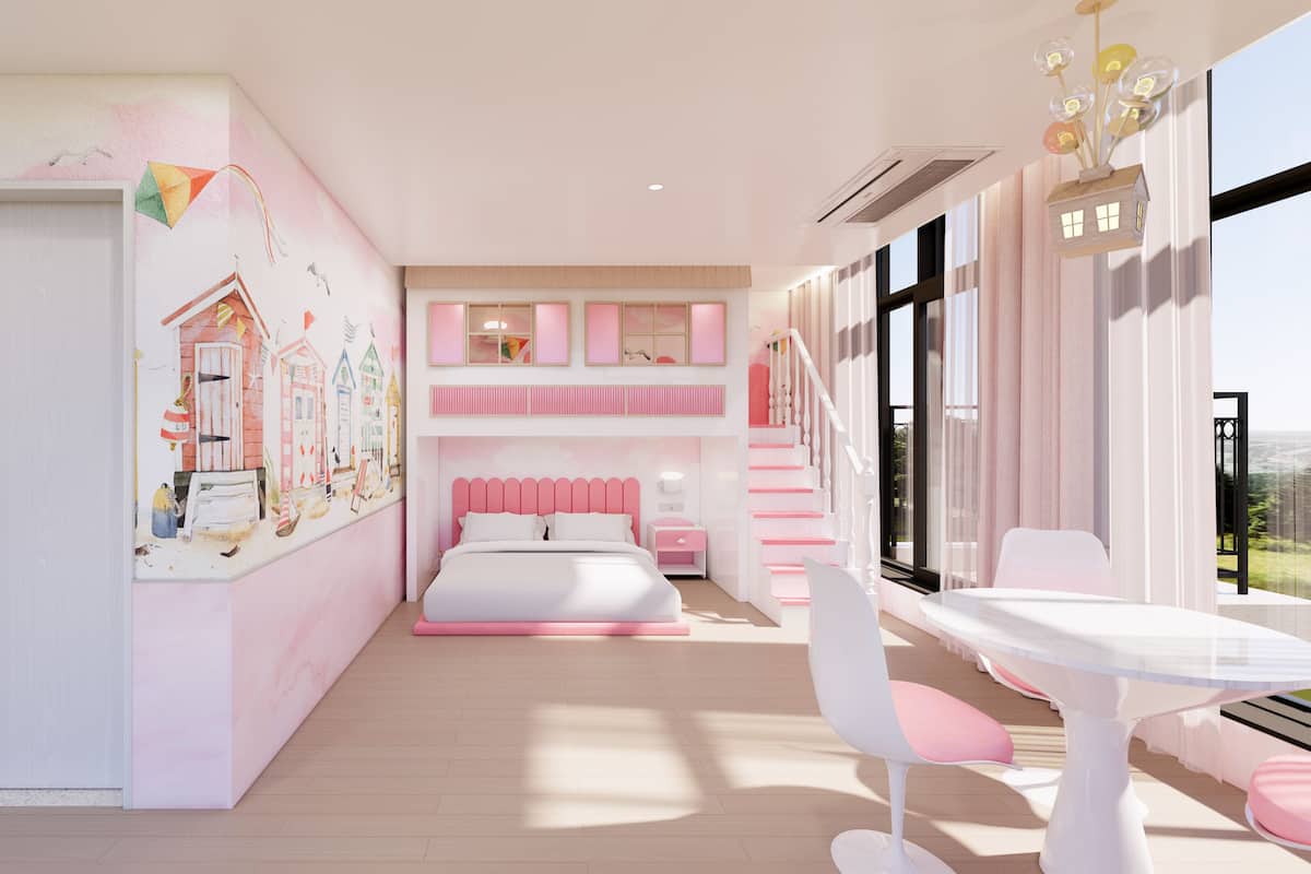 Quarto moderno com esquema de cores rosa e branco, uma cama grande, uma escrivaninha e vista para o exterior.