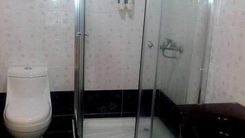 Uma casa de banho com chuveiro em cabine de vidro, sanita e lavatório.