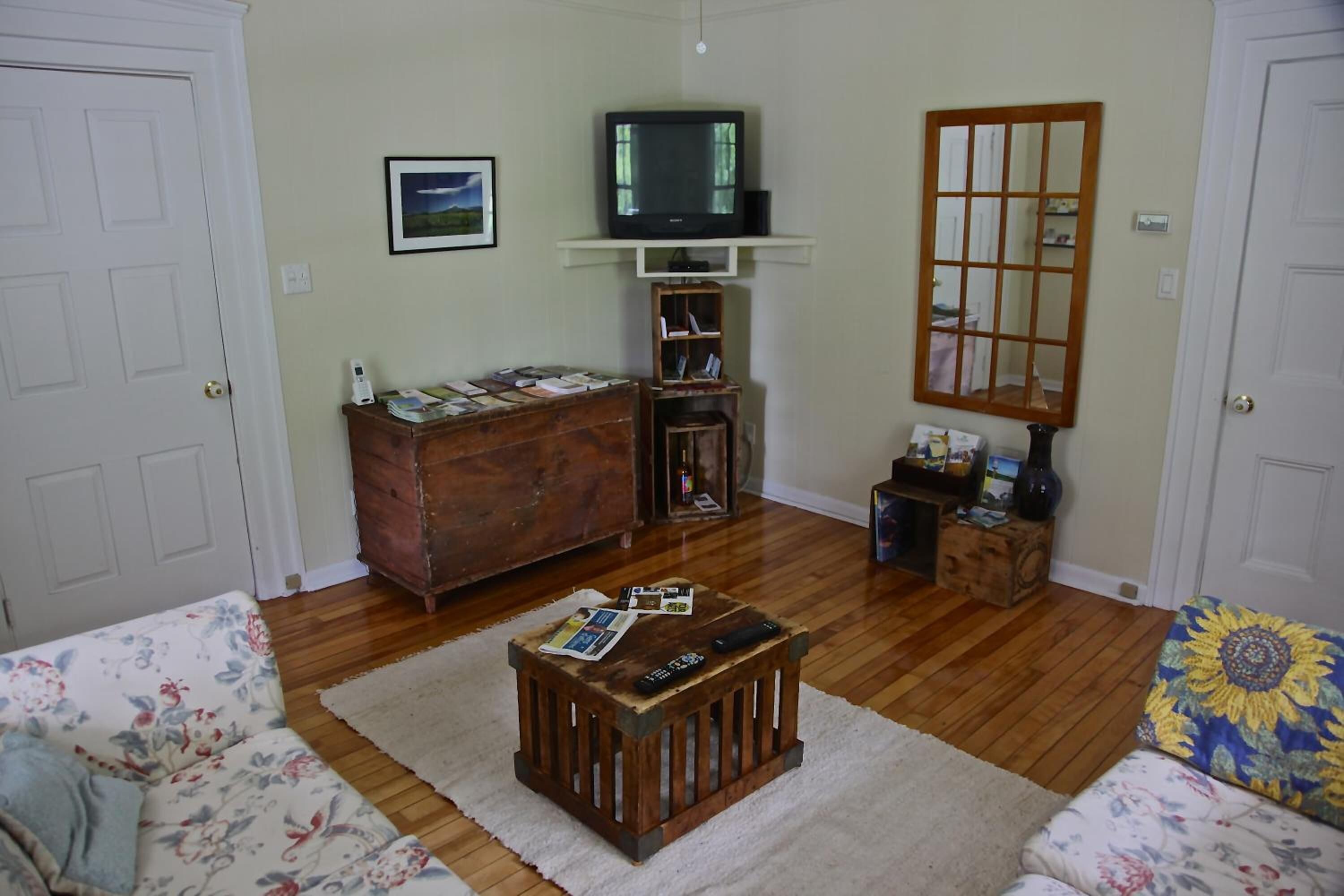 Sala de estar com mesa de centro de madeira, televisão em uma estante, espelho e sofás florais.