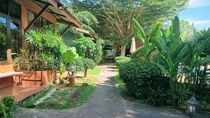 Uma passagem leva a um edifício com varanda coberta, cercado por vegetação exuberante e diversas plantas.