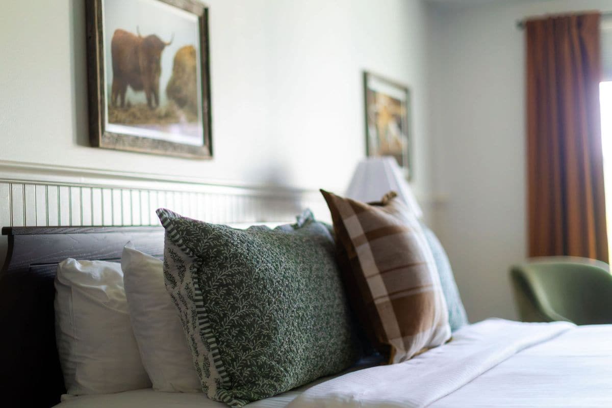 Quarto de hotel com cama, almofadas, um quadro na parede e uma janela com cortinas.