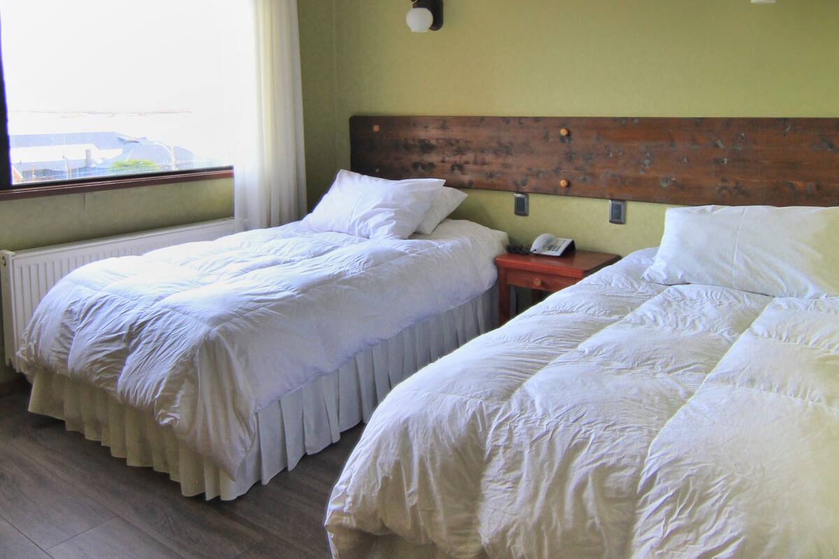 Quarto de hotel com duas camas de solteiro, cabeceira de madeira, mesa de cabeceira com abajur e janela com cortinas.