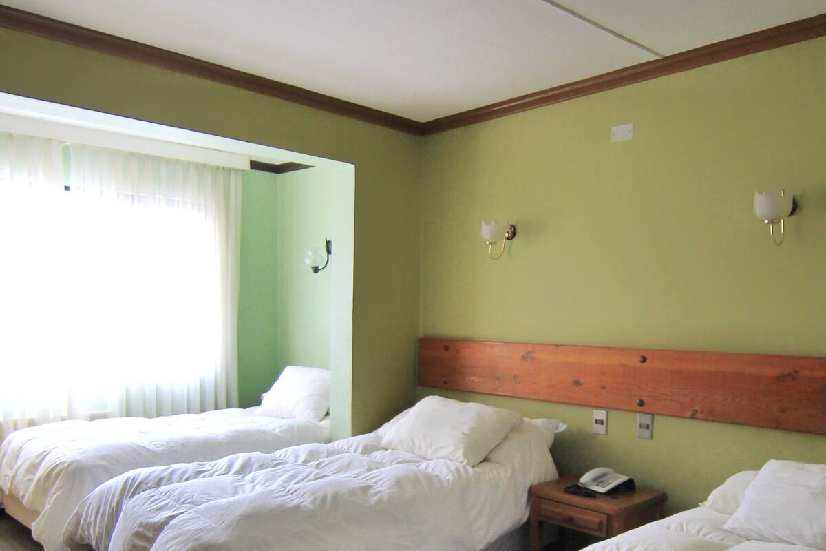 Quarto de hotel com duas camas de solteiro, cabeceira de madeira, mesa de cabeceira com telefone e janela com cortinas.