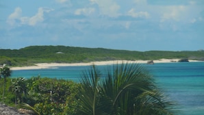 Uma praia com águas turquesa cristalinas, colinas verdes e palmeiras.