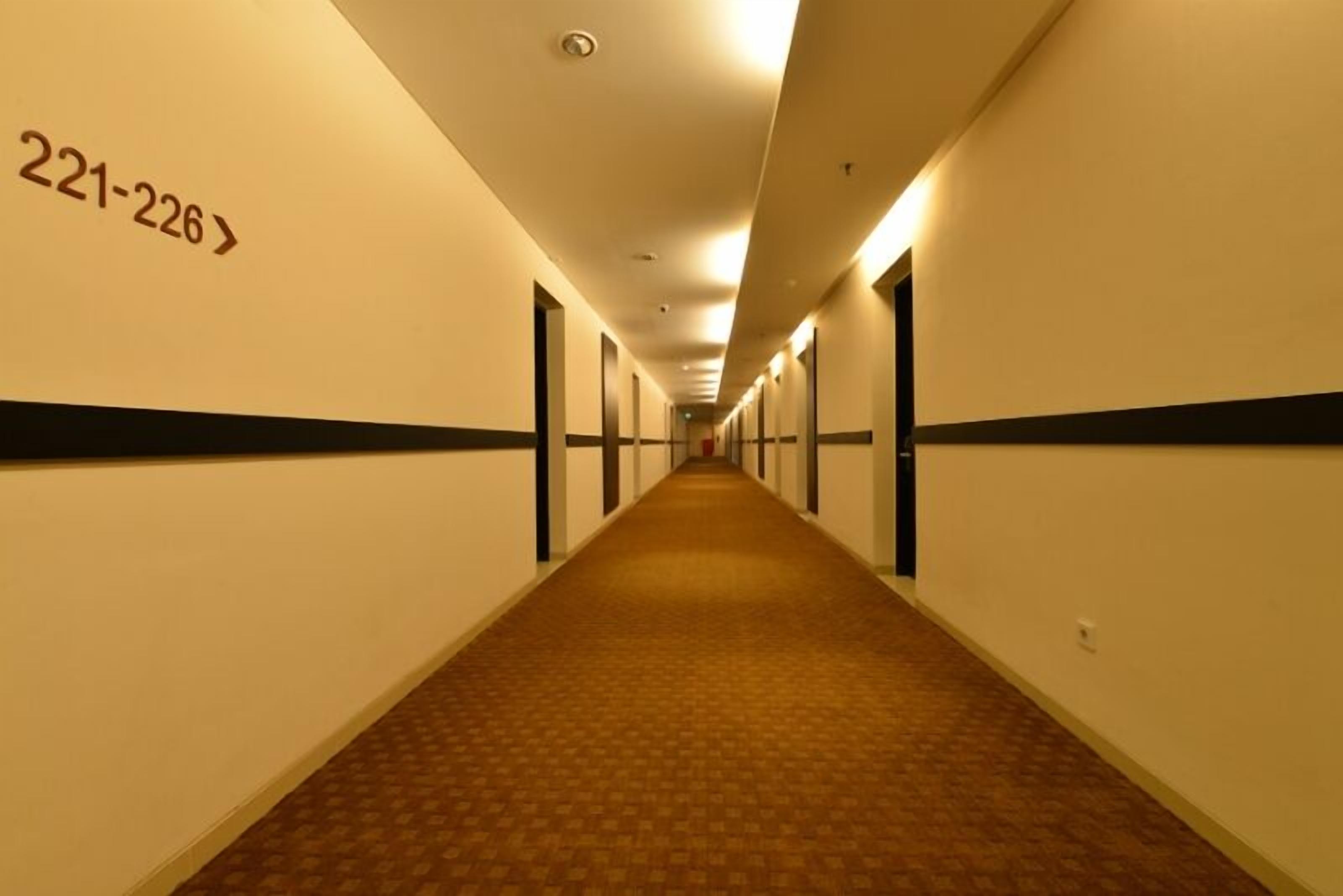 Corredor de hotel com piso coberto por carpete e portas em ambos os lados, identificadas com os números dos quartos de 221 a 226.