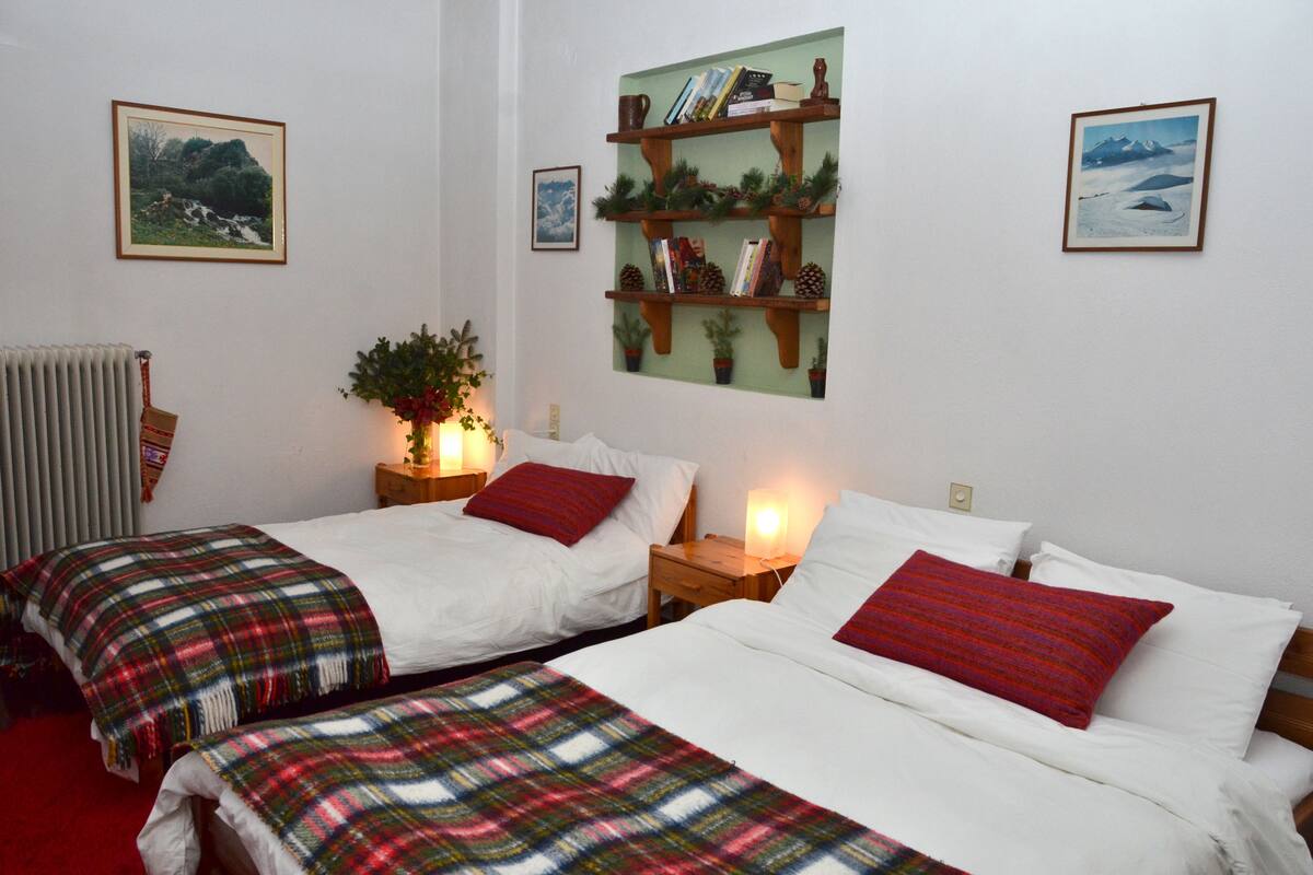 Quarto de hotel com duas camas, um radiador, uma estante com livros e enfeites, e quadros nas paredes.