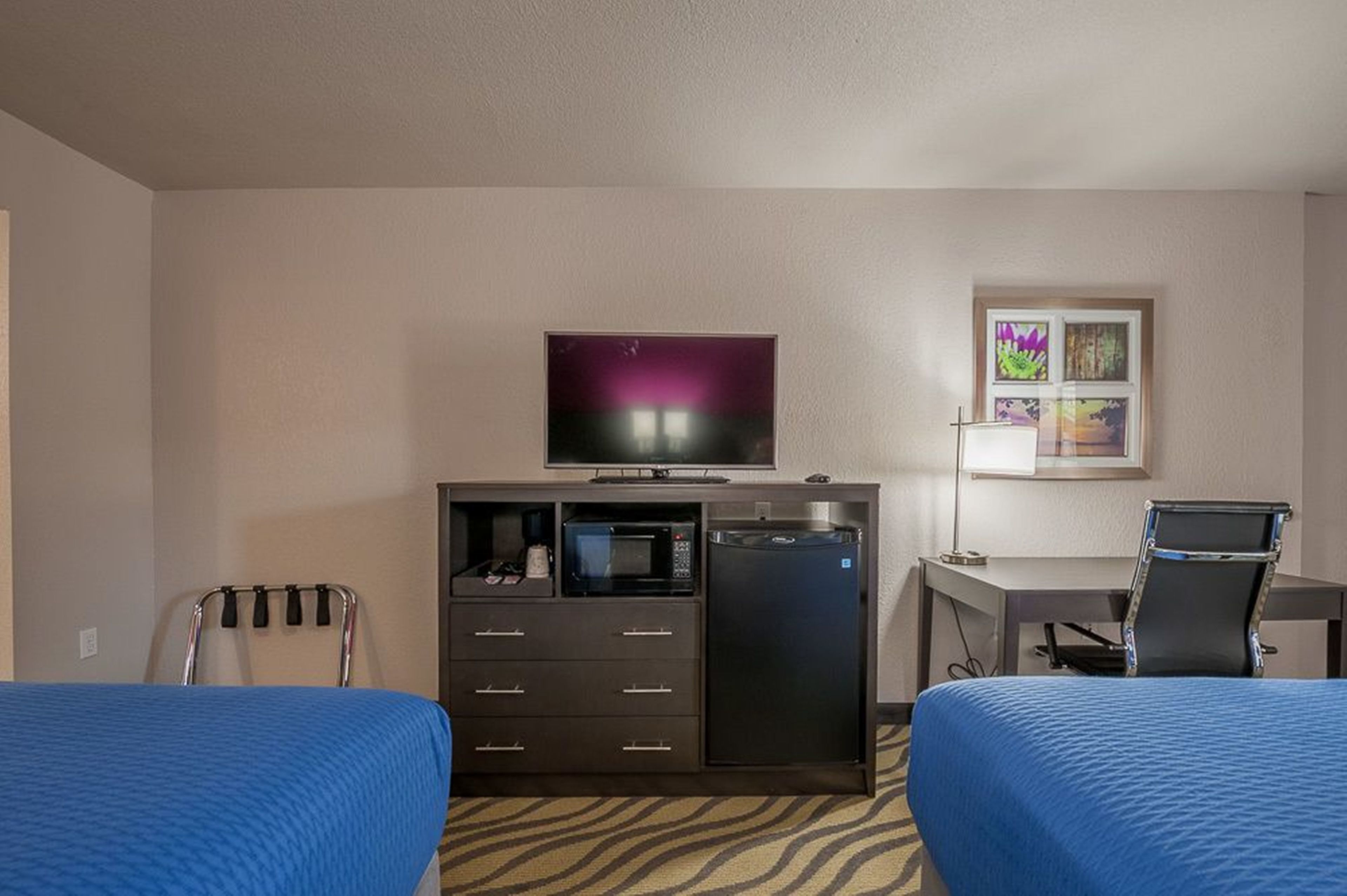 Quarto de hotel com duas camas, televisão, escrivaninha, cadeira, micro-ondas e frigorífico.