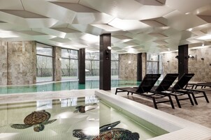 Uma piscina com espreguiçadeiras e uma escultura de tartaruga.