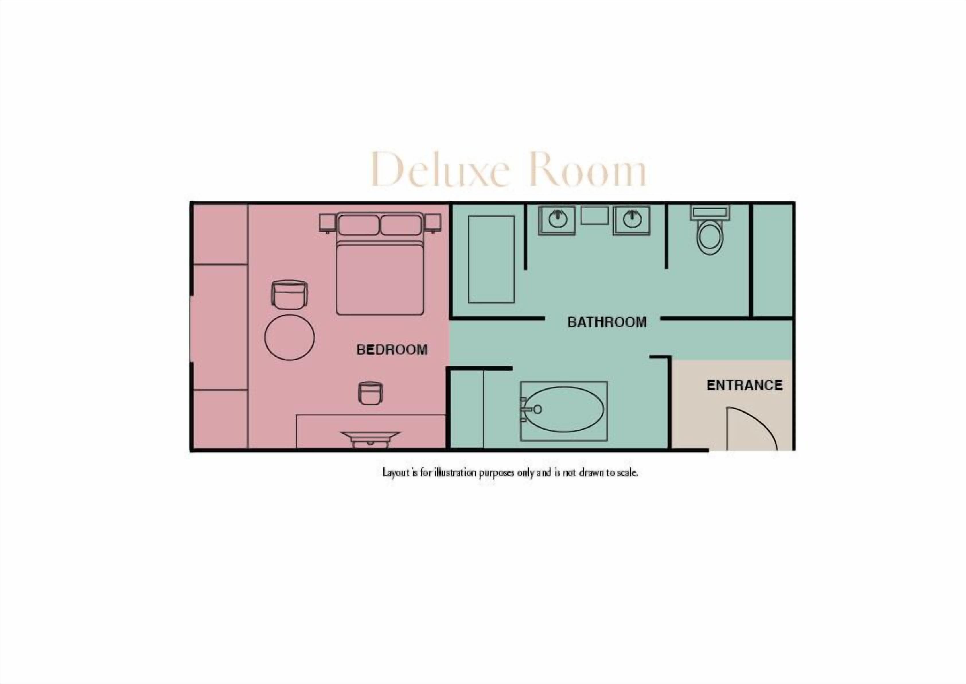 Planta de um quarto de luxo mostrando o quarto, banheiro e entrada.