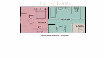 Planta de um quarto de luxo mostrando o quarto, banheiro e entrada.
