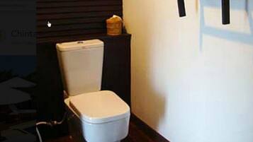 Um vaso sanitário branco com tampa, uma pequena lixeira e um armário escuro com um interruptor de luz acima.