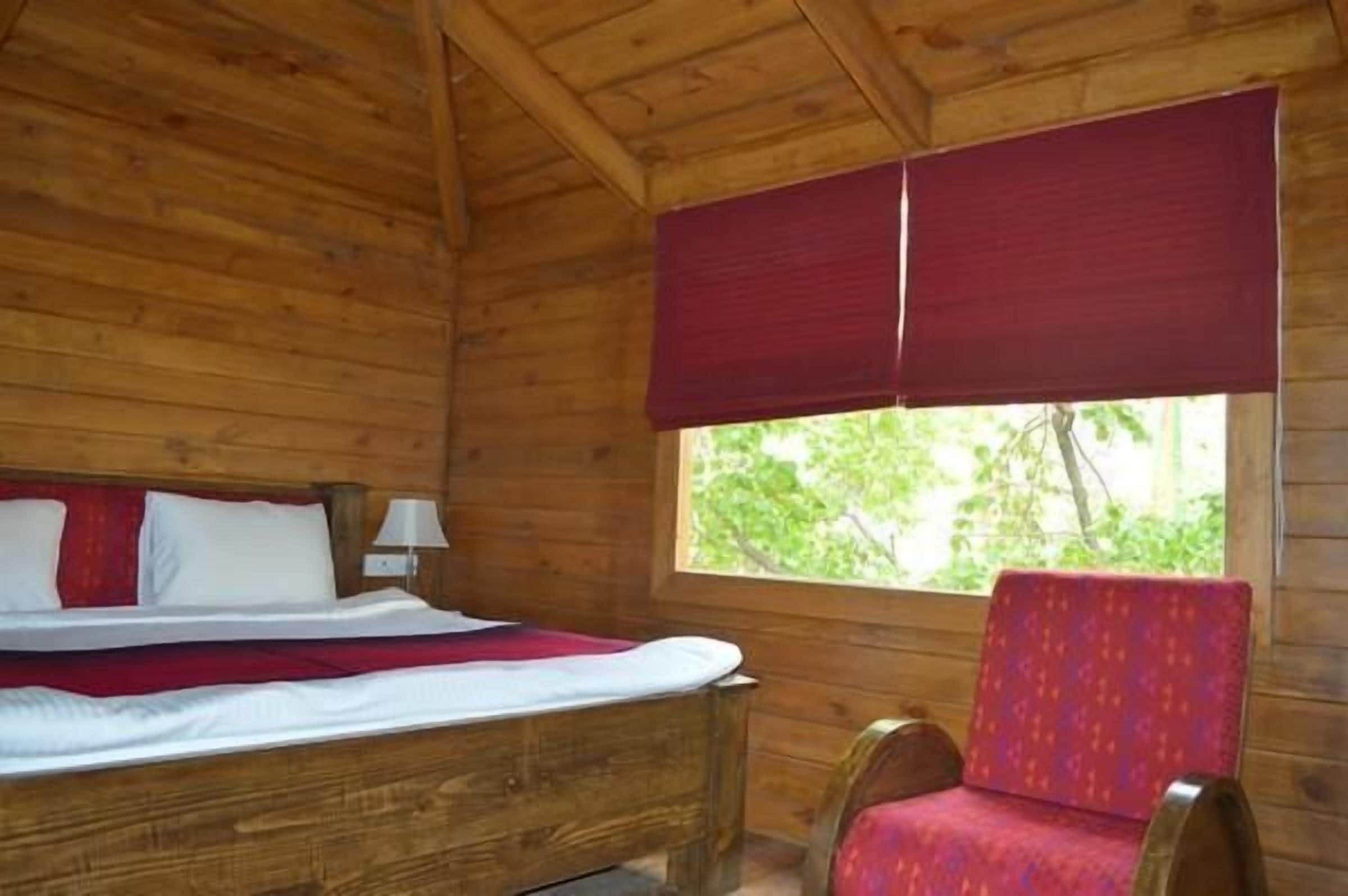 Quarto de cabana de madeira com cama, uma cadeira e janela com vista para vegetação.