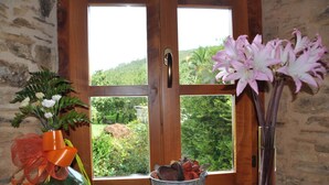 Janela com vista para vegetação e porta com puxador.